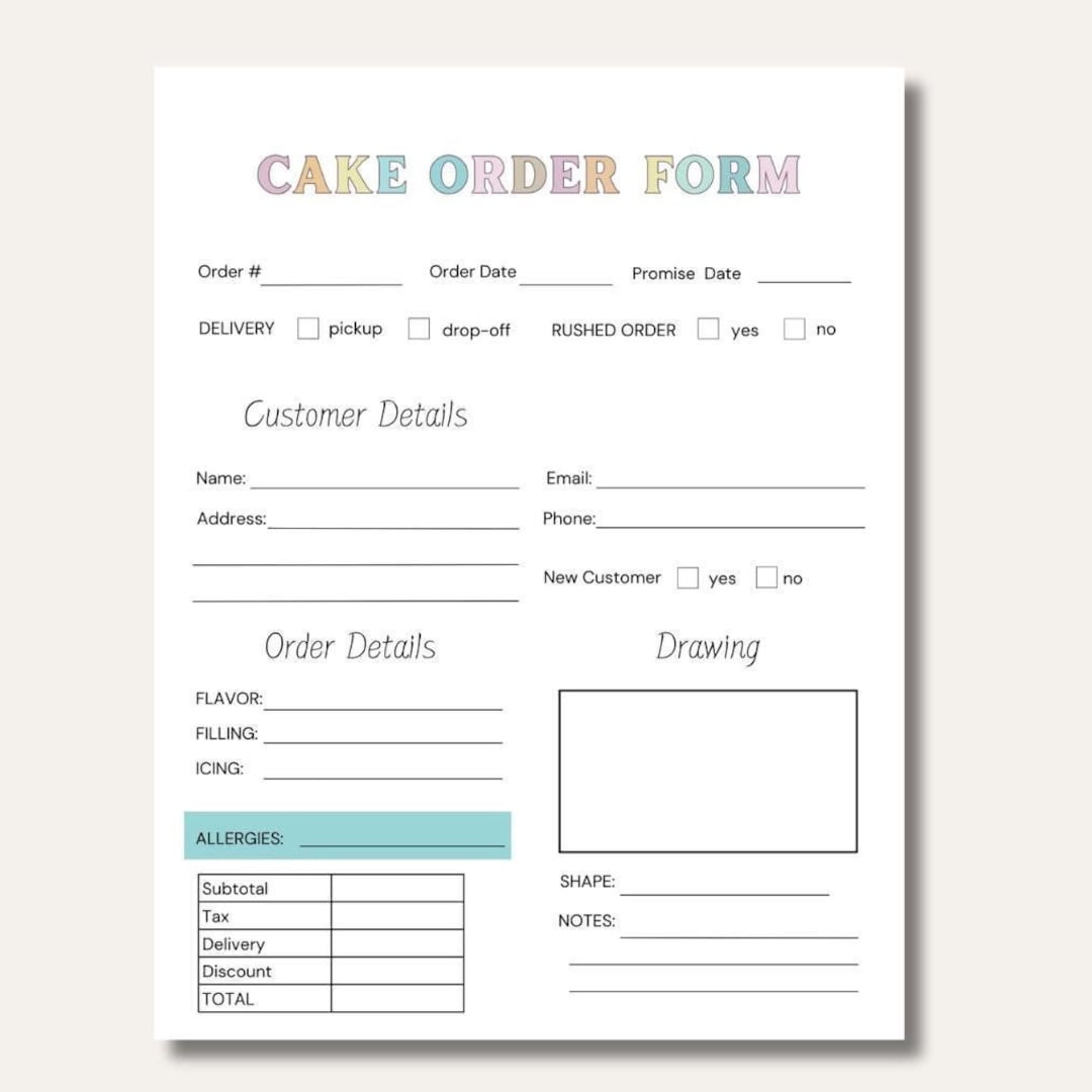 Cake Order Form | Bakery Invoice for Home Bakers - Etsy