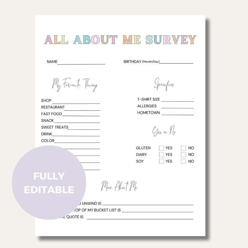 All About Me Survey | Editable Printable Employee Coworker Team ...