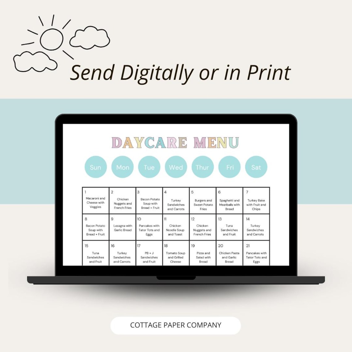 Daycare Menu Template Editable Fillable Printable Custom Preschool ...