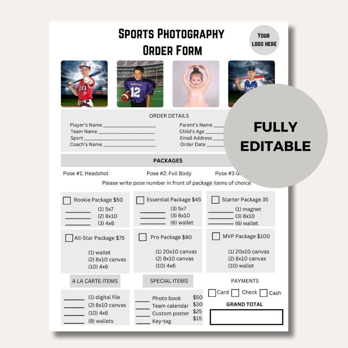 Sports Photography Order Form | Custom Template Digital - Etsy