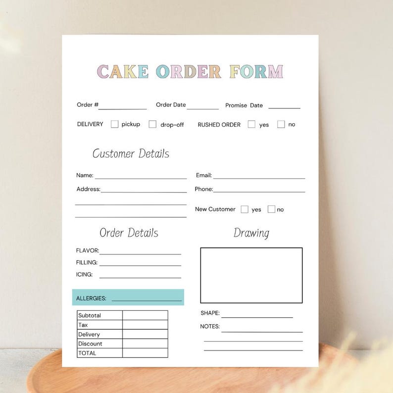 Cake Order Form | Bakery Invoice for Home Bakers - Etsy