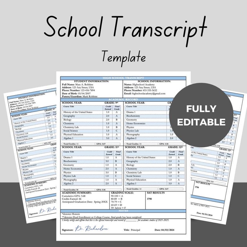 Transcript Template | High School Fillable Printable Word and Google ...