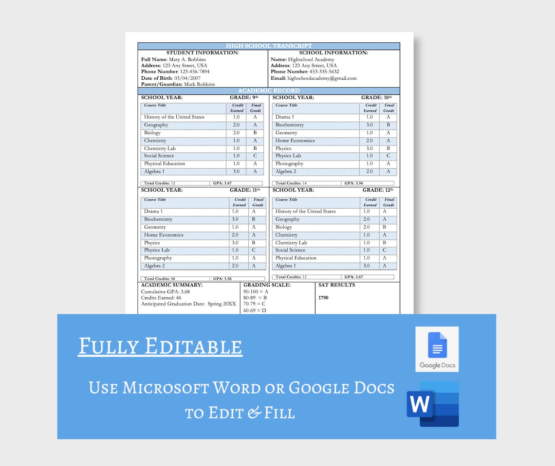 Fillable Printable High School Transcript Template Word and Google Docs ...