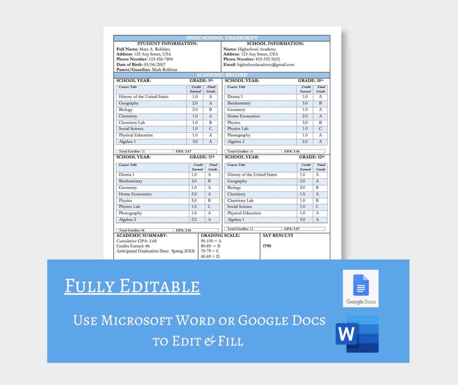 Transcript Template | High School Fillable Printable Word and Google ...