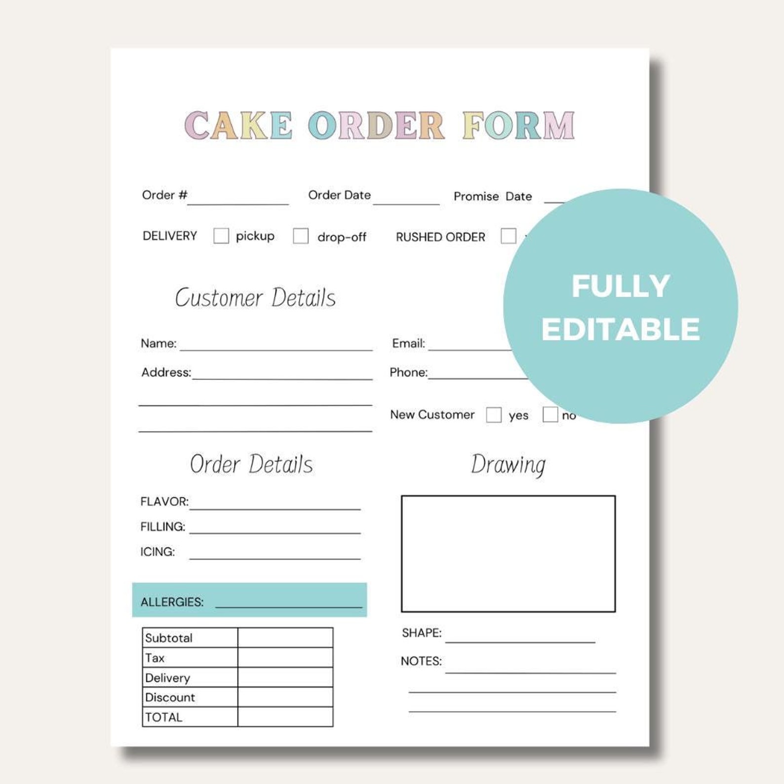 Cake Order Form | Bakery Invoice for Home Bakers - Etsy