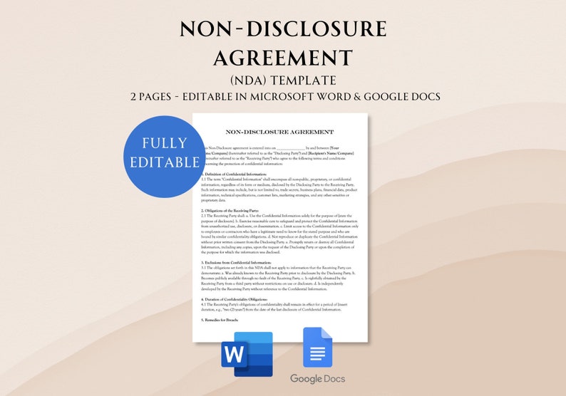 Editable Non-disclosure Agreement Template NDA Contract Fully ...