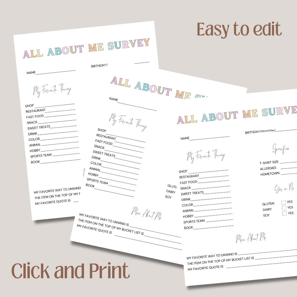 All About Me Survey | Editable Printable Employee Coworker Team ...