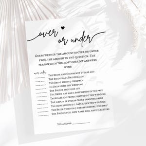 Bridal Shower Game Over or Under | Printable Template - Etsy