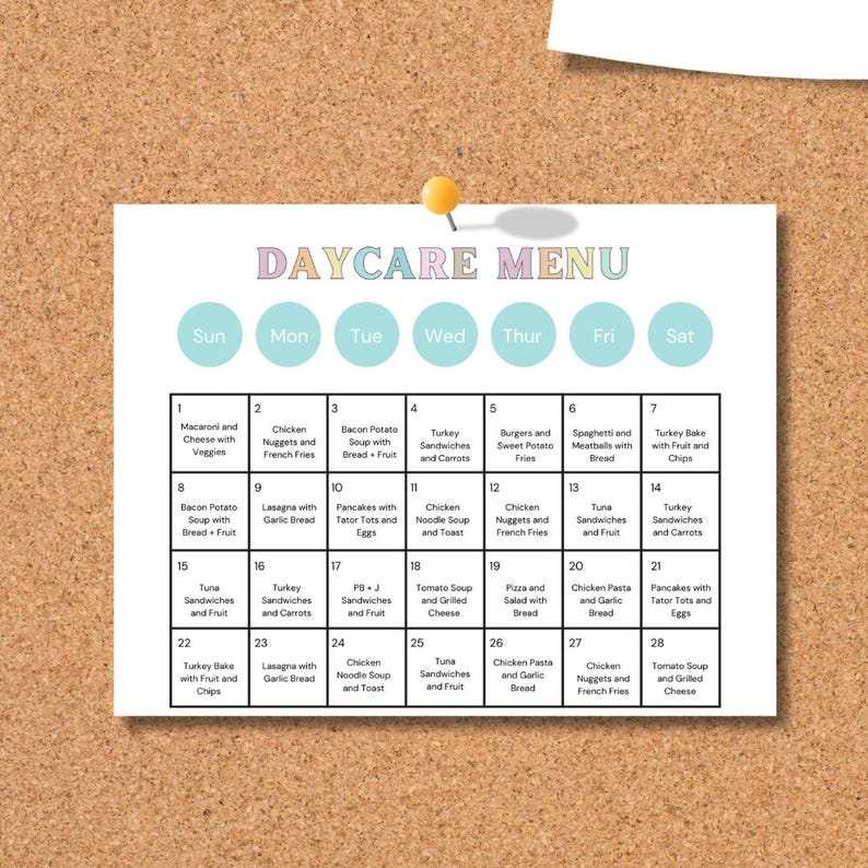 Daycare Menu Template Editable Fillable Printable Custom Preschool Monthly Meal Planner - Etsy ...