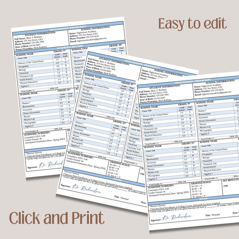 Transcript Template | High School Fillable Printable Word and Google ...