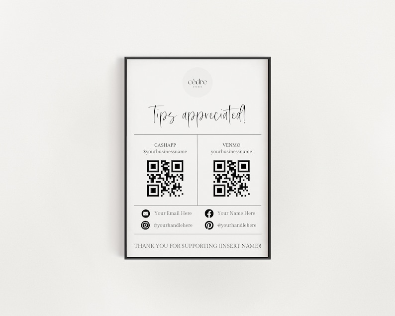 Virtual Tip Jar Sign, Tips QR Code Sign, Editable Small Business ...