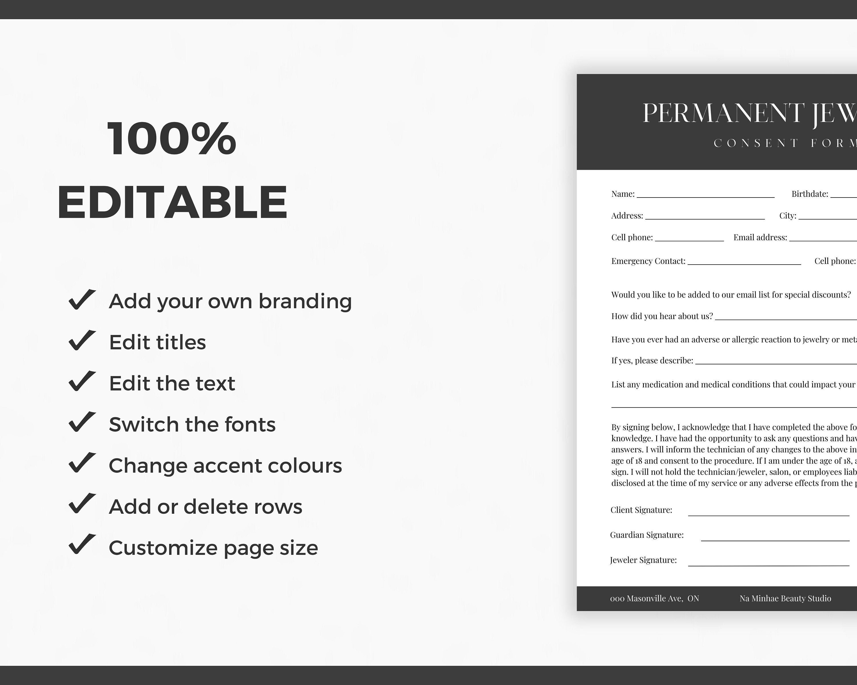 Permanent Jewelry Consent Form, Permanent Jewelry Contract, Editable ...