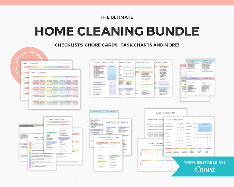 Colorful Family Chore Chart, Home Declutter Challenge, Kids Cleaning ...