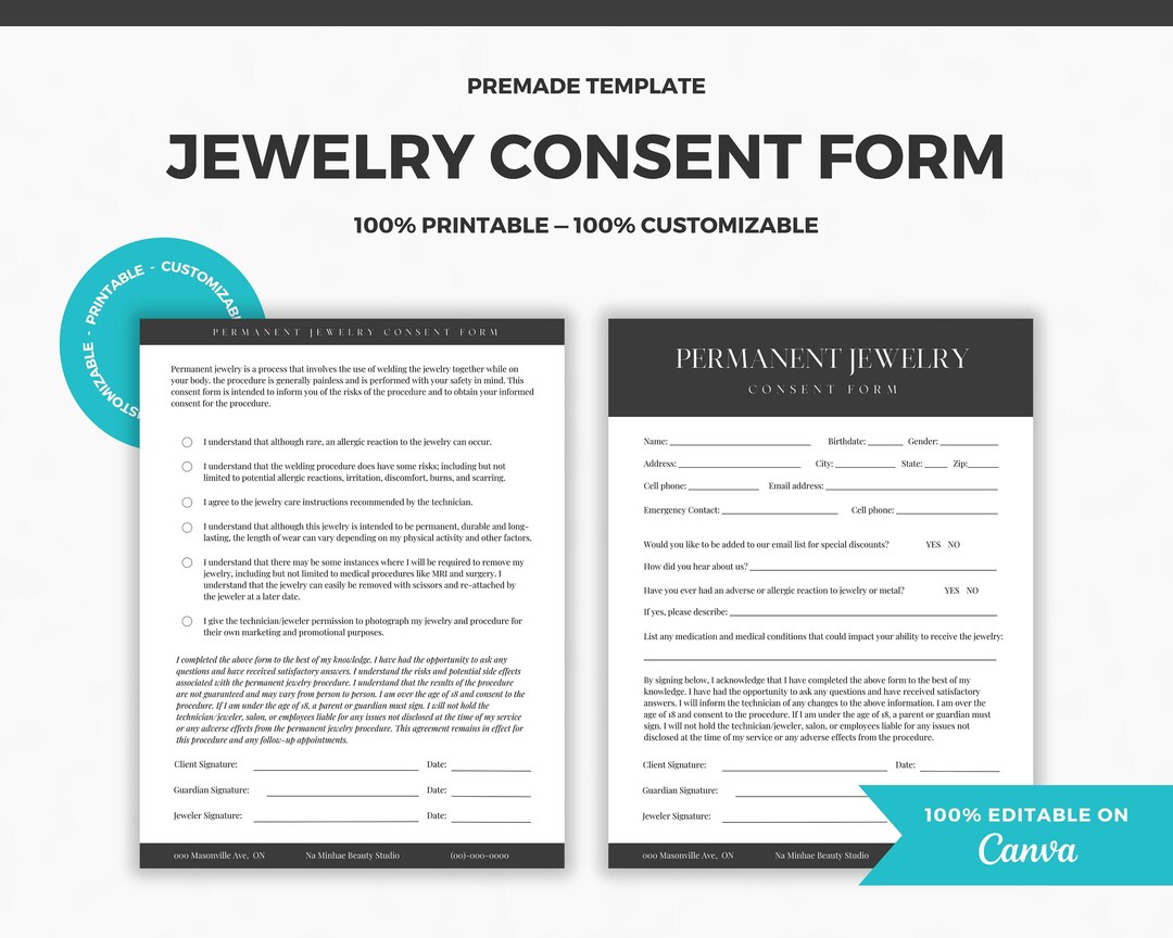 Permanent Jewelry Consent Form, Permanent Jewelry Contract, Editable ...
