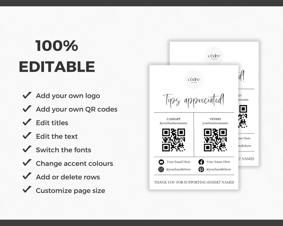 Virtual Tip Jar Sign, Tips QR Code Sign, Editable Small Business ...