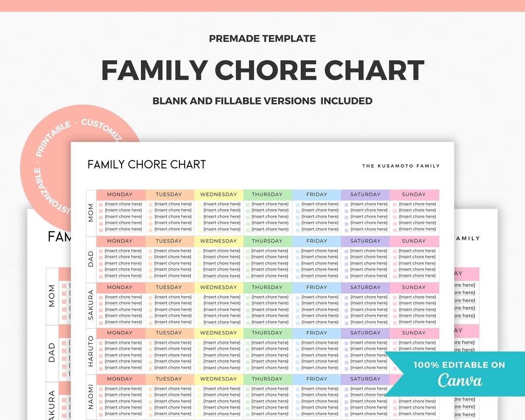 Colorful Family Chore Chart, Editable Family Planner Printable, Weekly ...