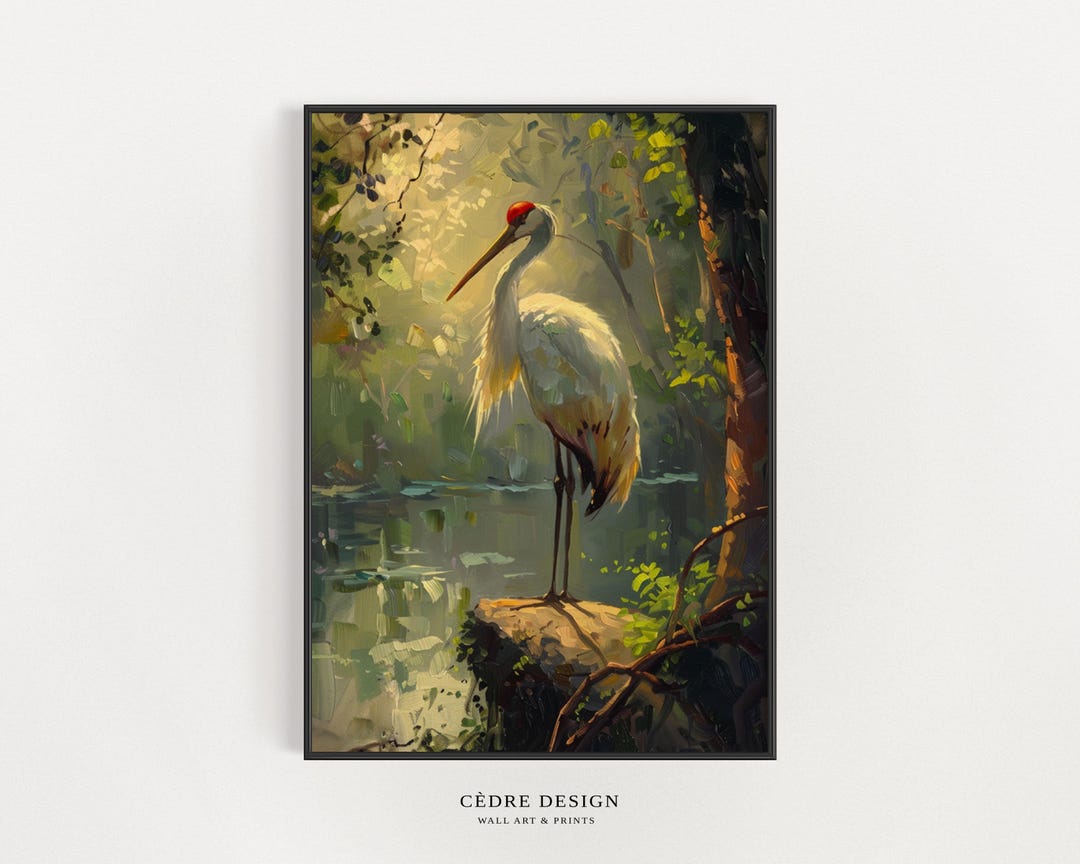Crane Oil Painting, Crane Bird Wall Art, Large Crane Bird Poster ...