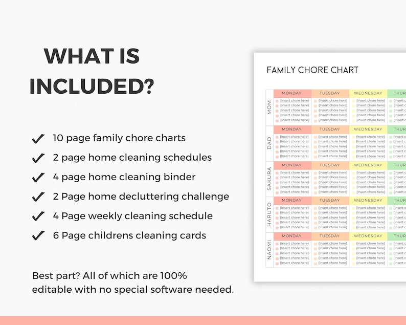 Colorful Family Chore Chart, Home Declutter Challenge, Kids Cleaning ...