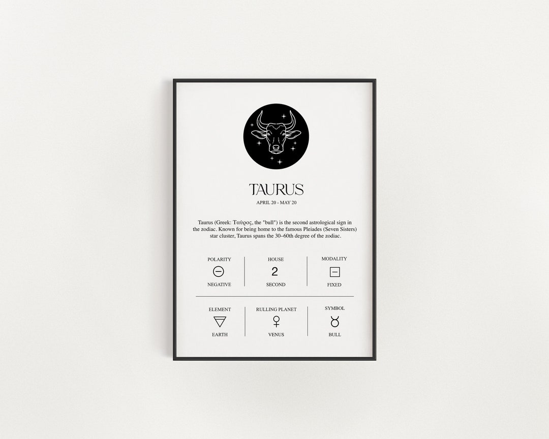 Taurus Zodiac Print, Astrology Wall Art, Horoscope Poster, Black and ...