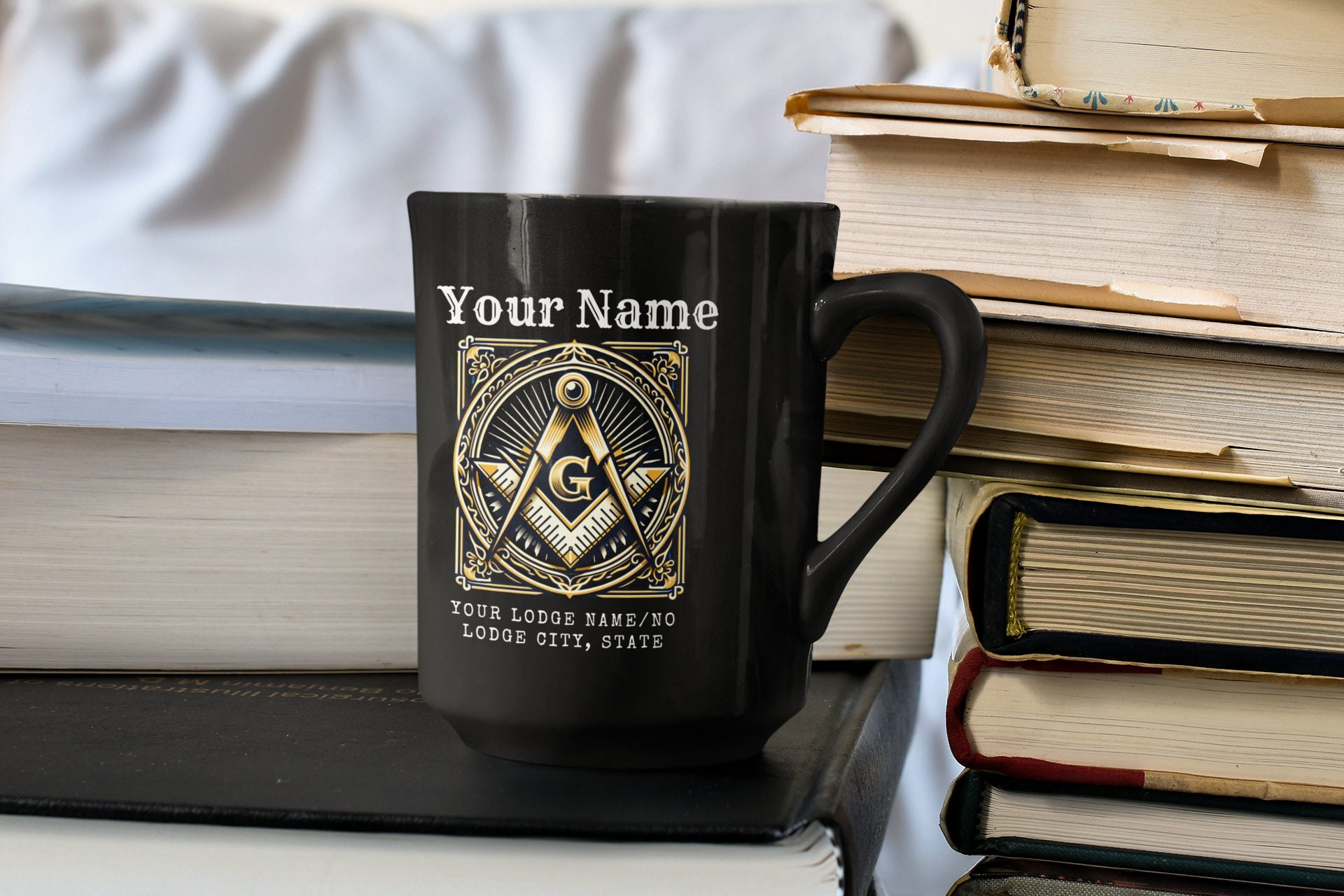Customizable Masonic Emblem Mug - 15 Oz Personalized Freemason Black ...
