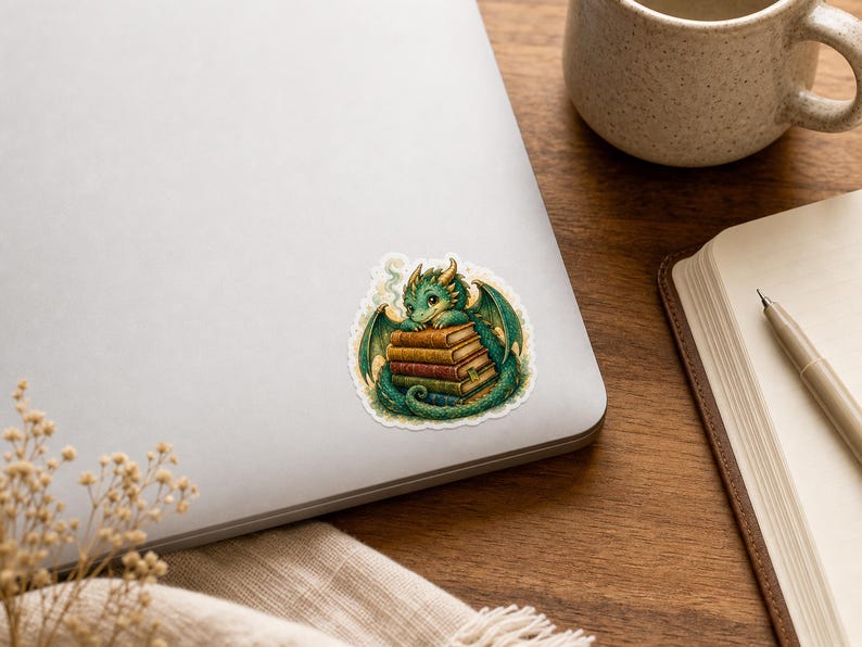 Book Dragon Sticker, Baby Dragon Reading Books Die Cut Vinyl, Fantasy ...