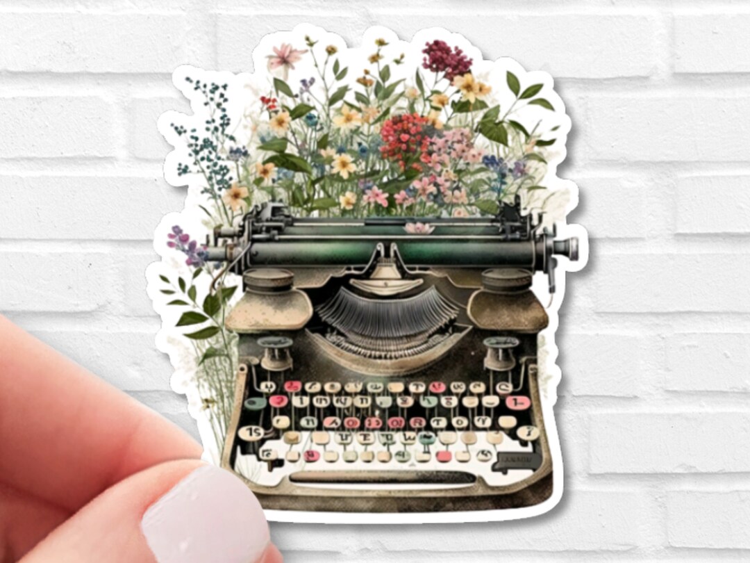Vintage Typewriter With Wildflowers Sticker | Waterproof Vinyl Sticker ...