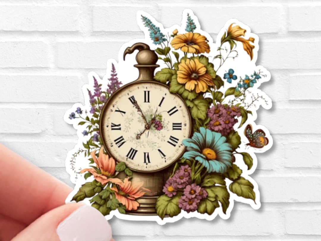 Vintage Clock With Wildflowers Sticker | Vinyl Sticker | Cottagecore ...