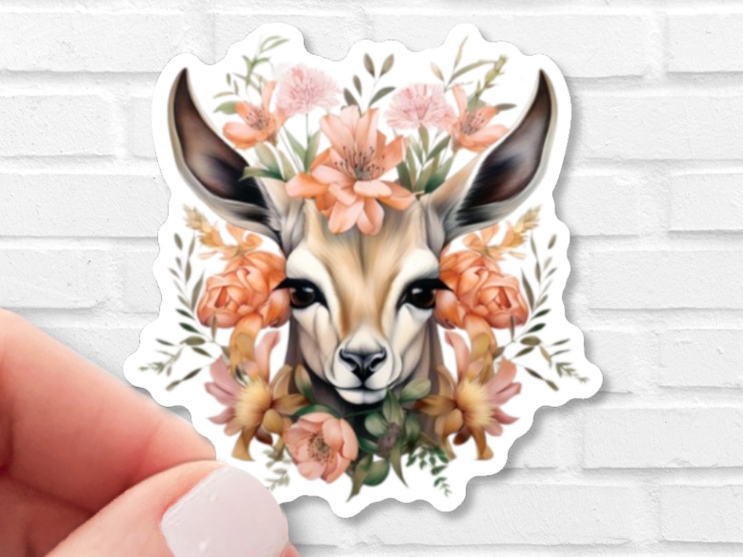 Gazelle, Deer With Wildflowers Sticker | Waterproof Vinyl | Animal ...