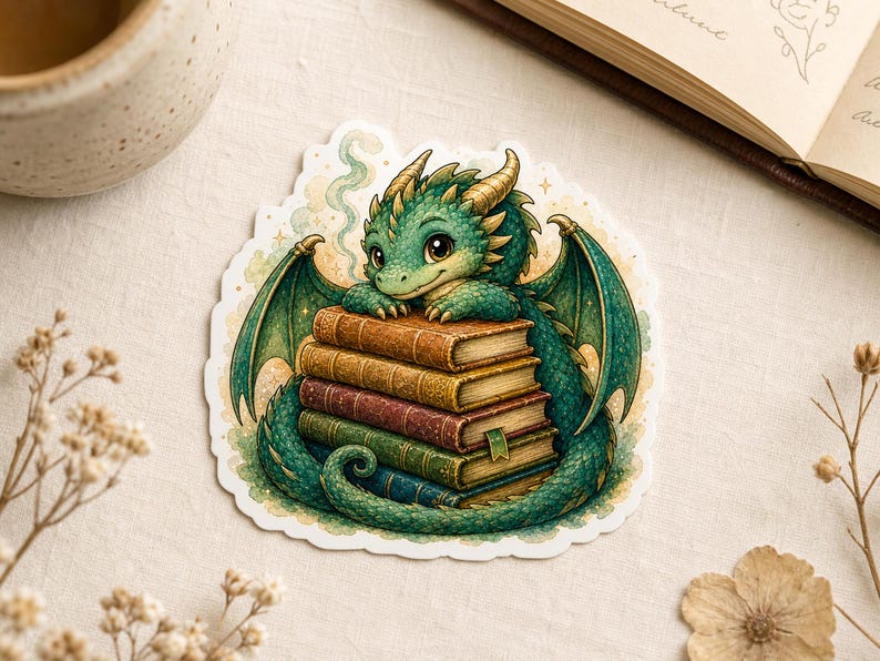 Book Dragon Sticker, Baby Dragon Reading Books Die Cut Vinyl, Fantasy ...