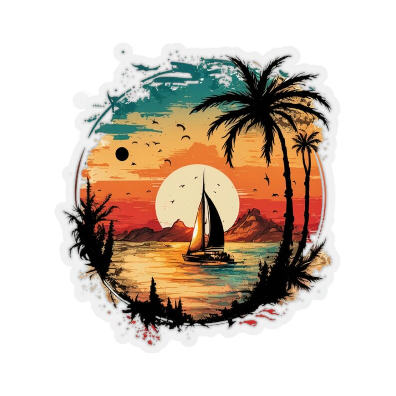 Sailboat Sticker, Ocean Sunset, Palm Tree Decal, Sunset Sticker ...