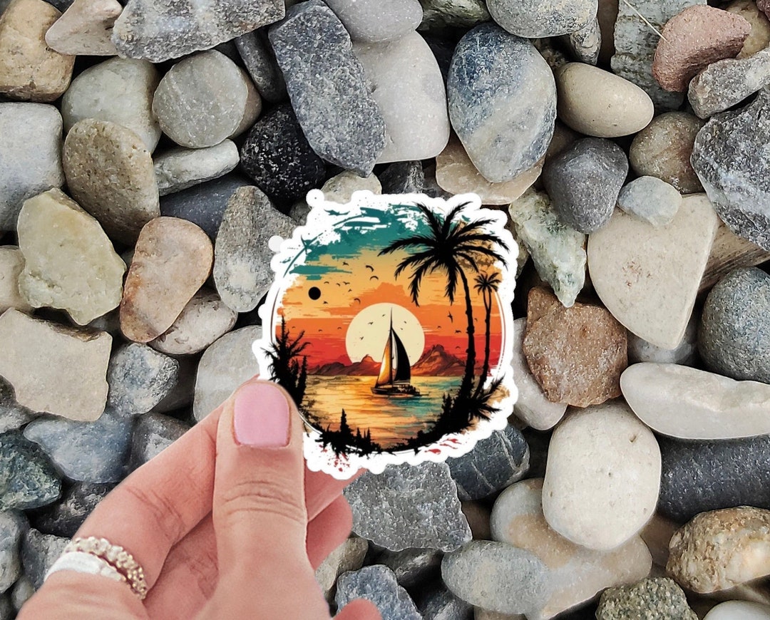 Sailboat Sticker, Ocean Sunset, Palm Tree Decal, Sunset Sticker ...