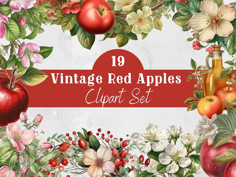 Vintage Red Apples Clipart Set 19 PNG Files Free - Etsy