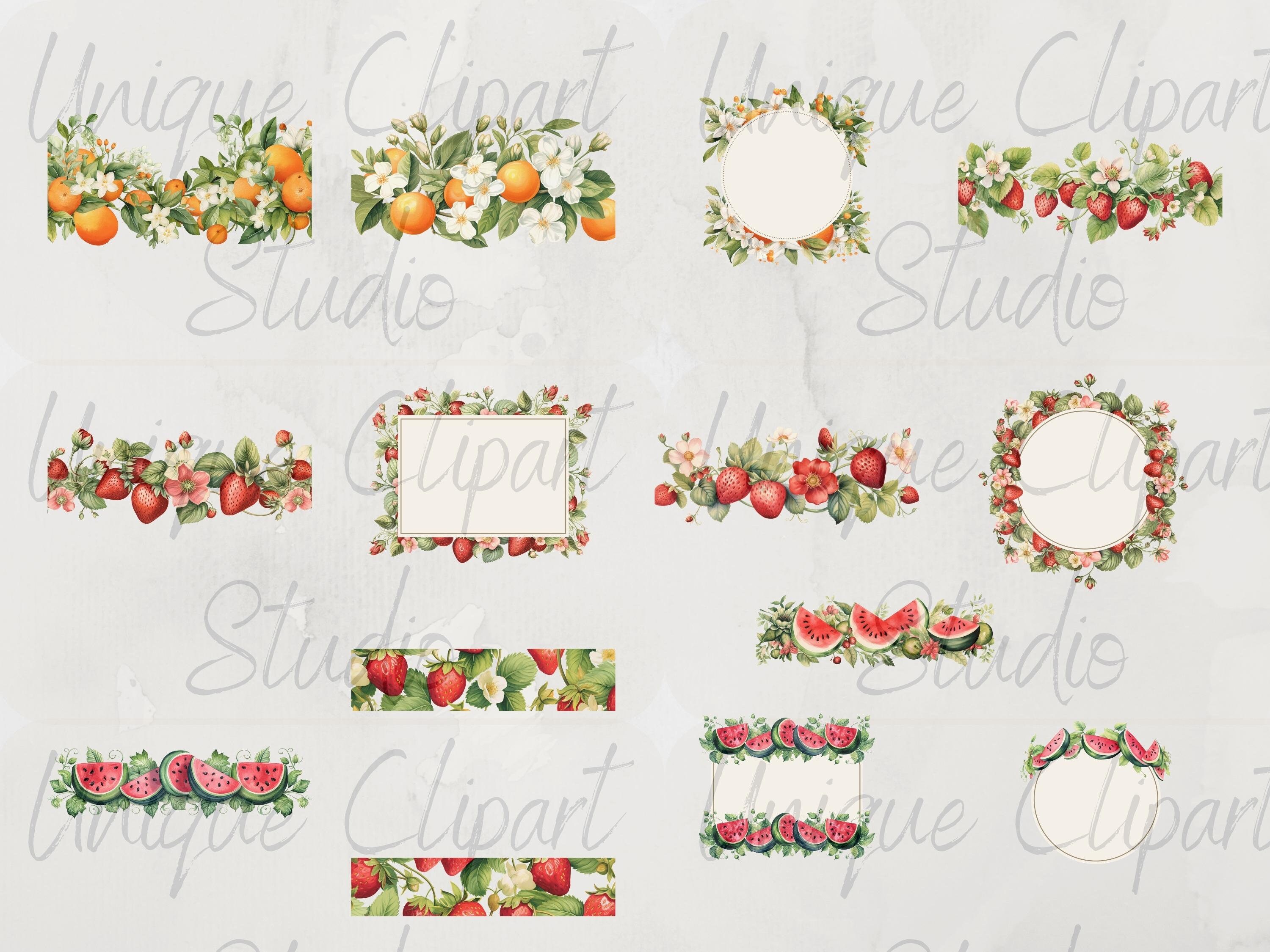 Summer Fruits Borders & Frames Clipart Bundle PNG Instant Download With ...