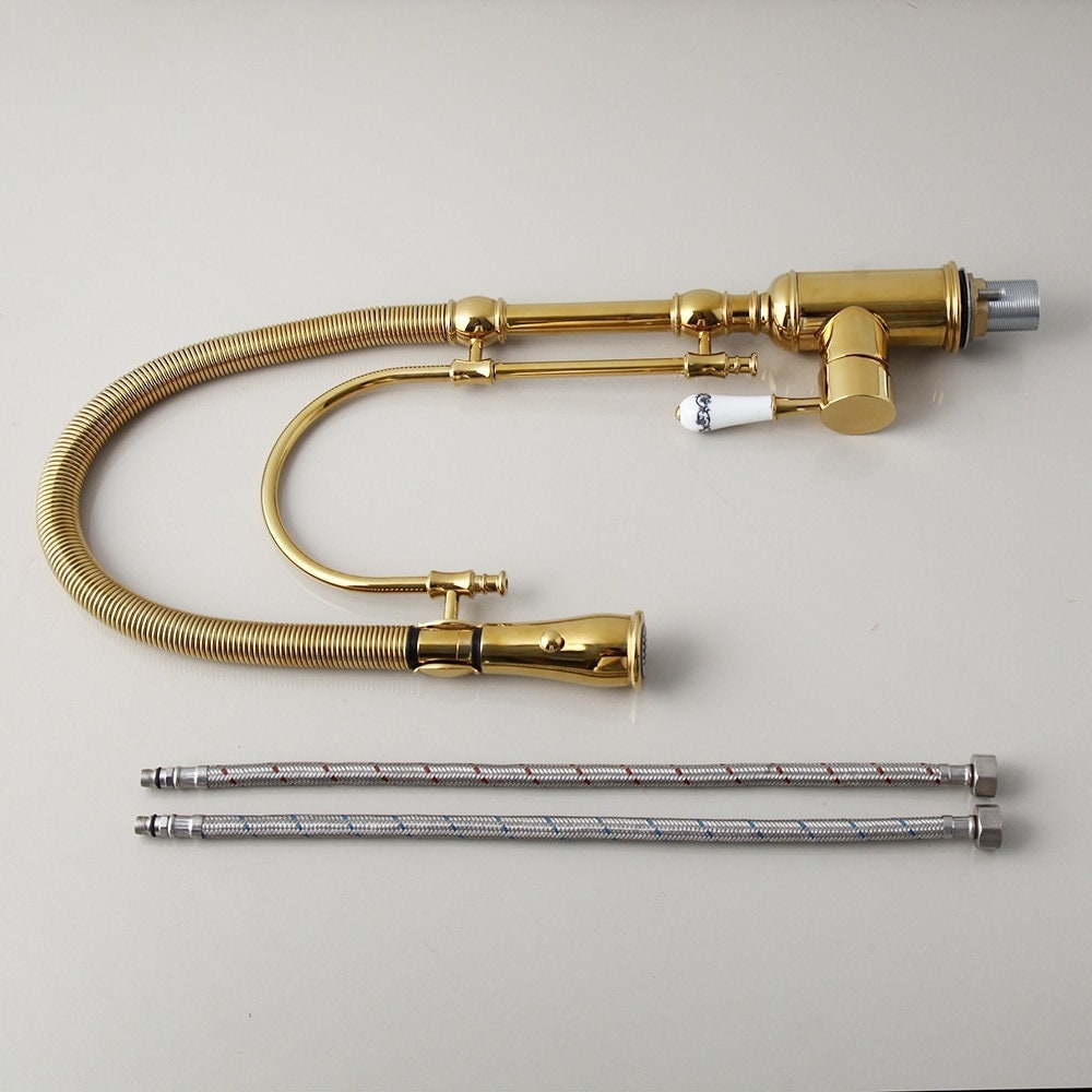 Kitchen Gold Faucet , Brass Pull Down 2 Ways Spring Spray Faucet ...