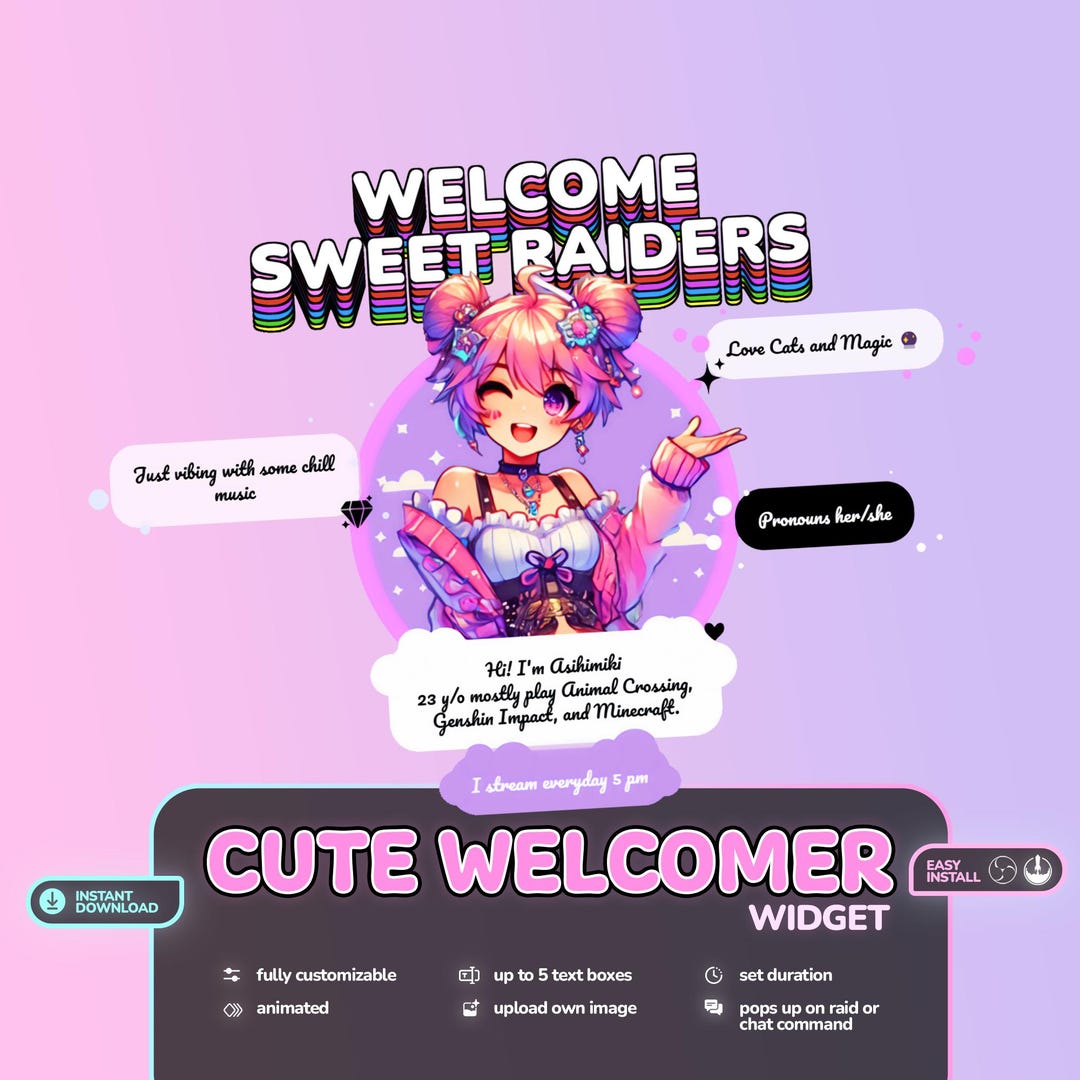 Cute Welcomer Widget for Twitch Youtube | Kawaii Pop up for New Viewers | Raid Event Alert ...