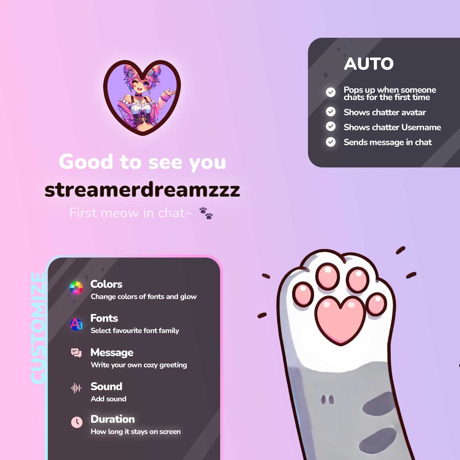 Chatter Welcome Widget for Twitch, Youtube.| Cute Animated New Chatter Alert Greeting Widget ...