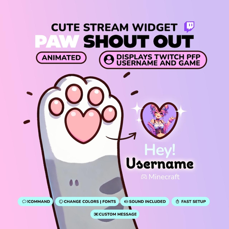 Shout Out Widget for Twitch, Cute Animated Cat Paw Customizable Overlay ...