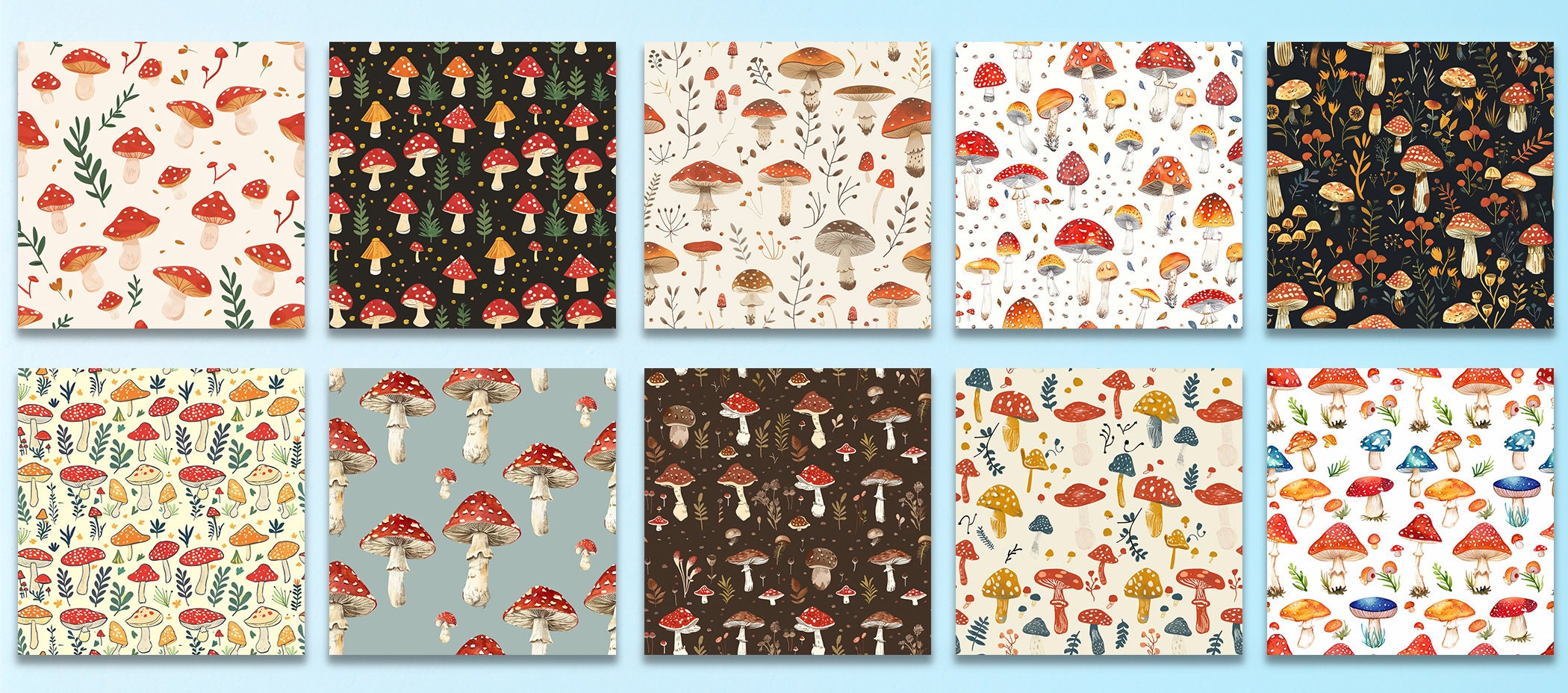 20 Garden Mushroom Digital Seamless Patterns, Plant Paper, Woodland ...