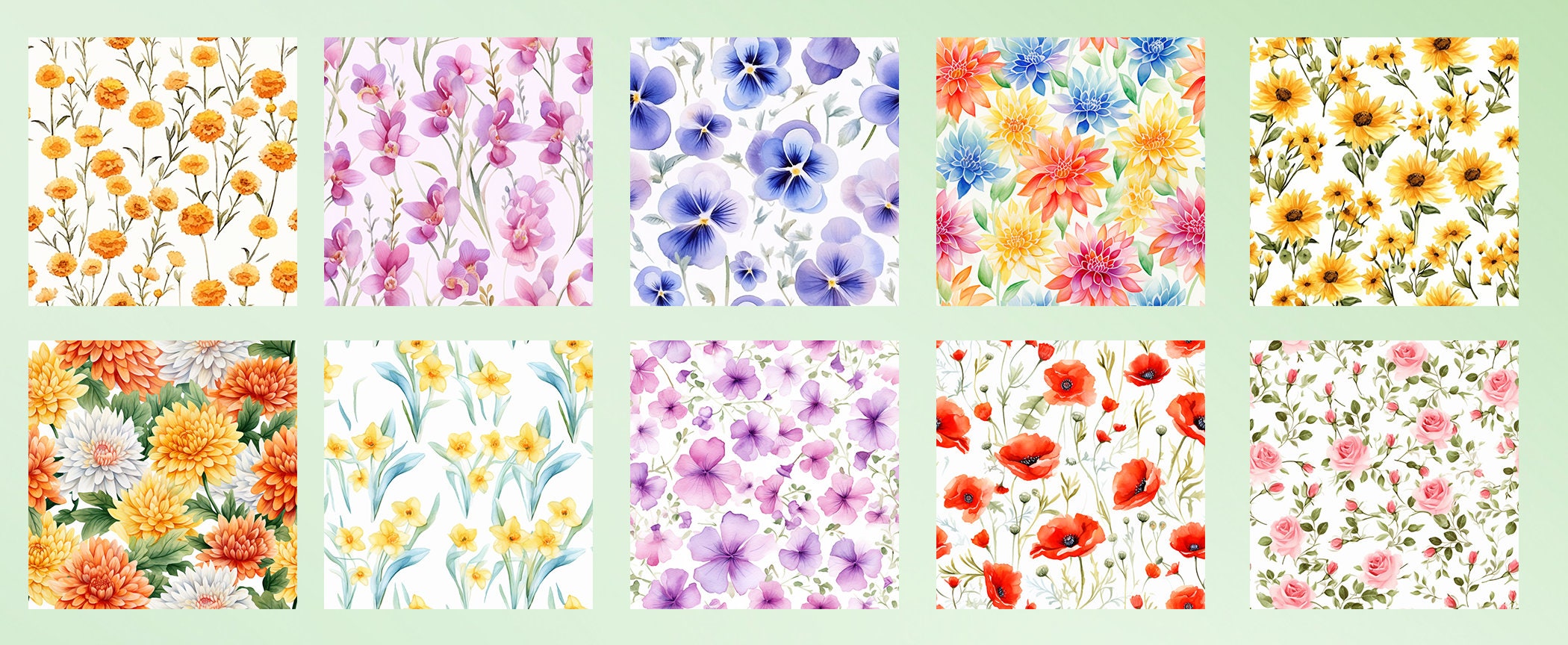 20 Watercolor Flowers, Digital Seamless Patterns, Flower Paper, Craft ...