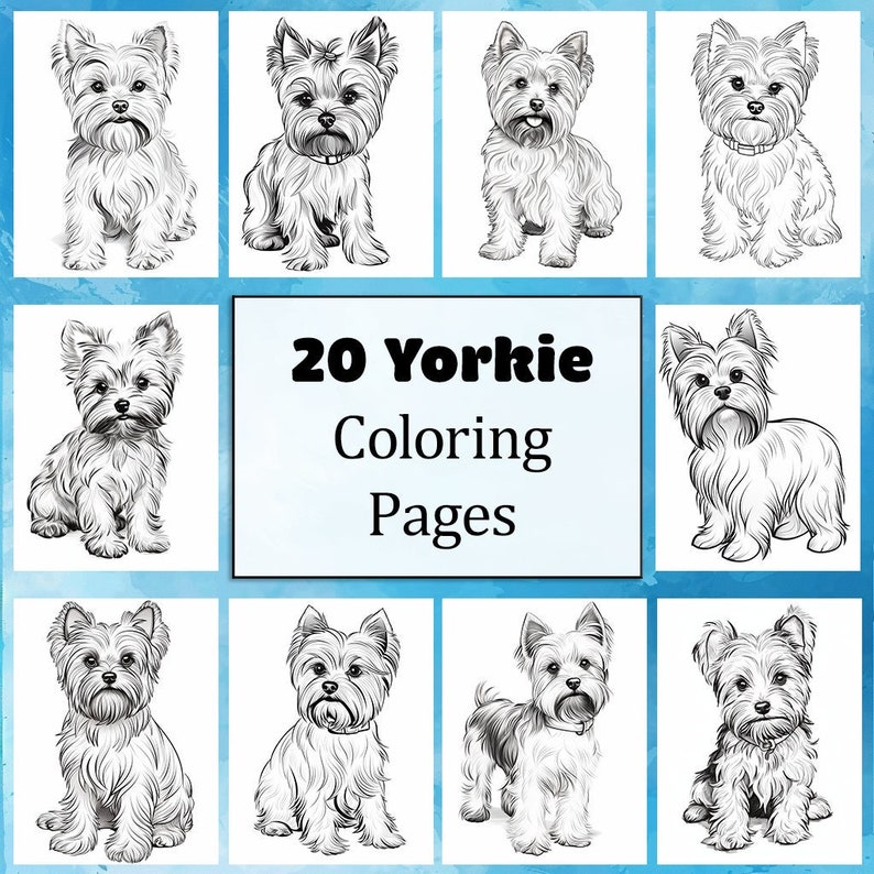 Yorkie Coloring Pages, Pet Portrait, 20 Prints, Printable Coloring Page ...