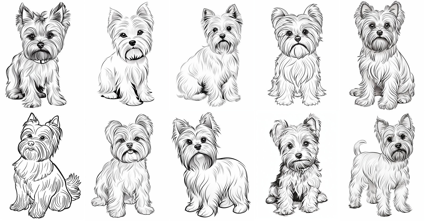 Yorkie Coloring Pages, Pet Portrait, 20 Prints, Printable Coloring Page ...