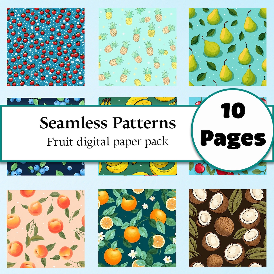10 Fruit Digital Seamless Patterns, Fruit Paper, Craft Paper, Paper ...