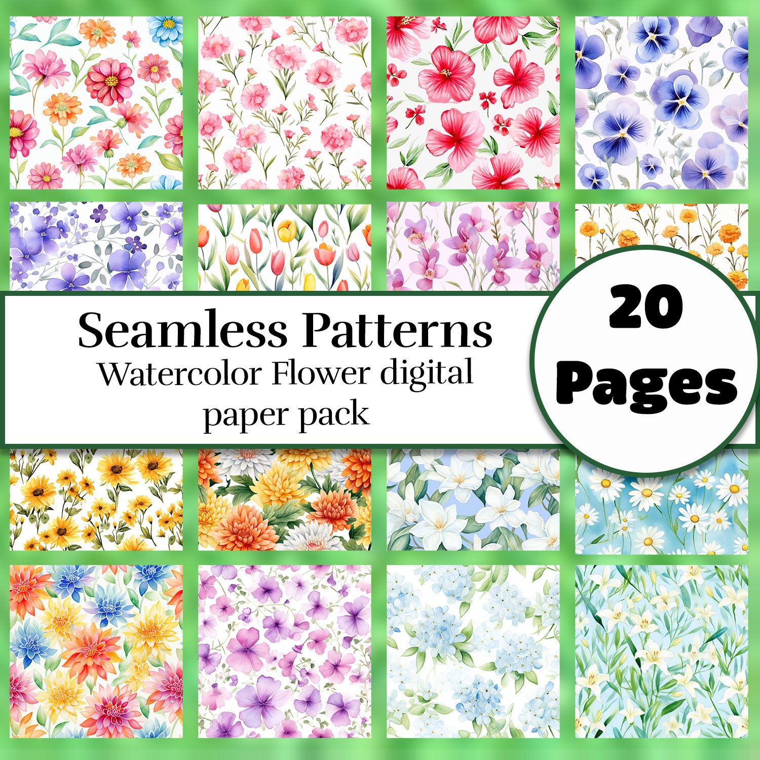 20 Watercolor Flowers, Digital Seamless Patterns, Flower Paper, Craft ...
