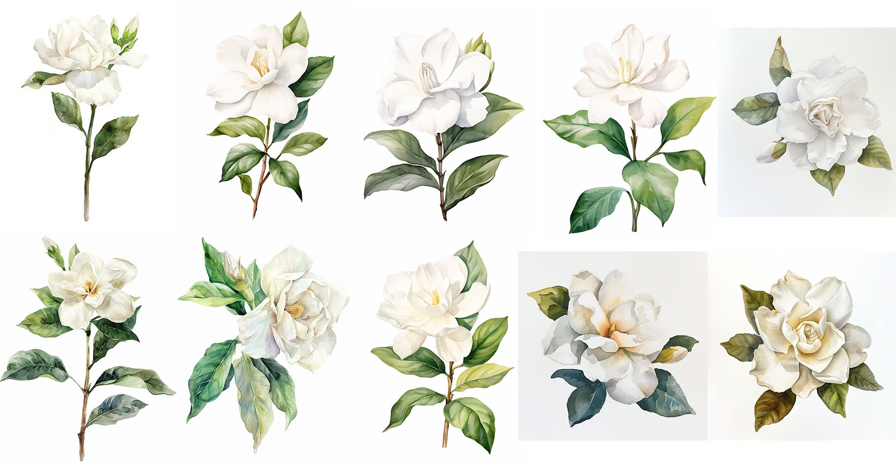 20 Gardenia Flowers, Watercolor Clipart Bundle, Flower Portrait ...