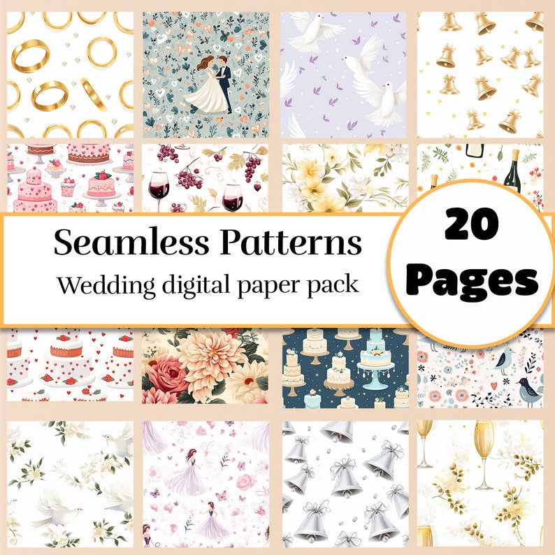 20 Wedding Themed Digital Seamless Patterns, Wedding Paper, Craft Paper ...
