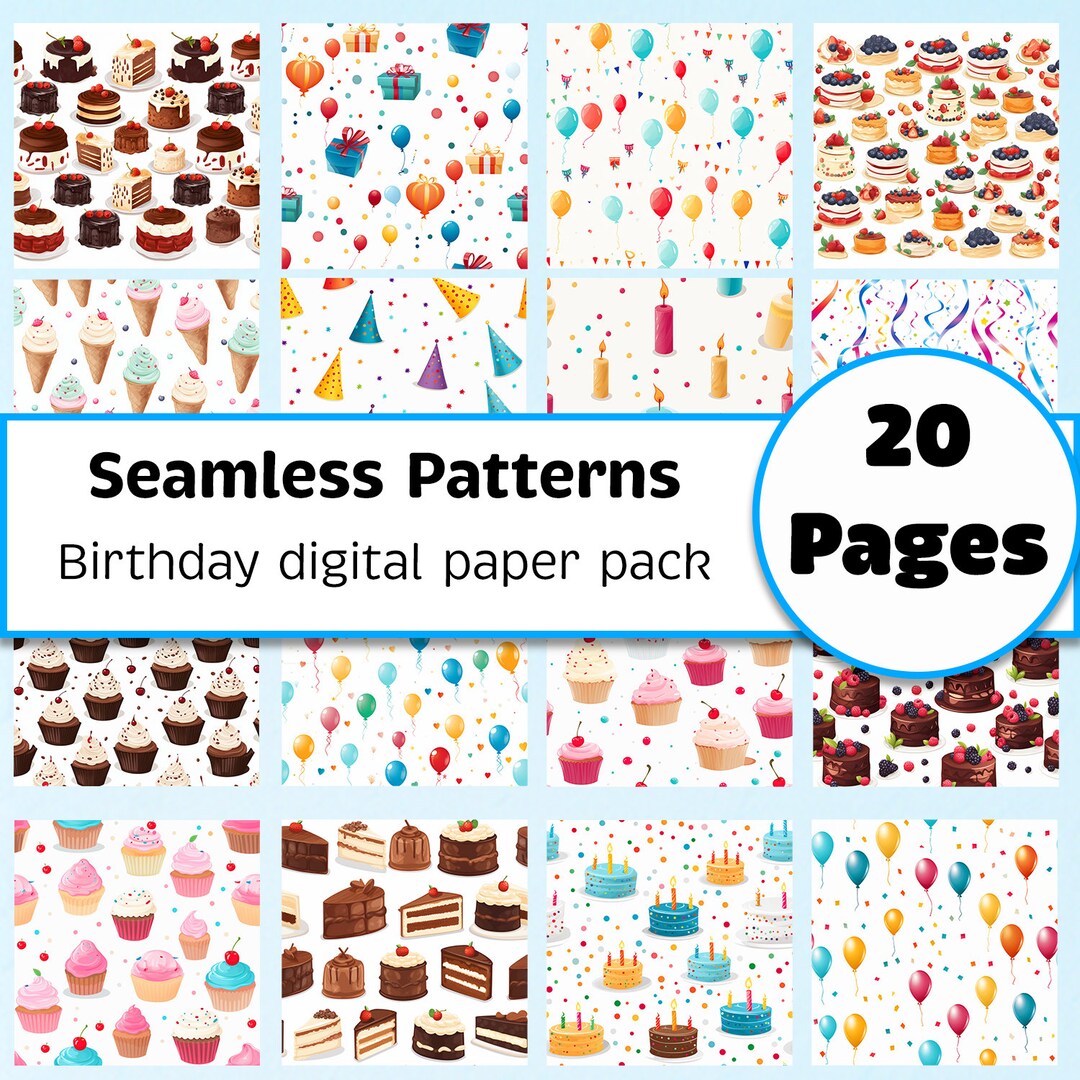 20 Birthday Digital Seamless Patterns, Birthday Paper, Craft Paper ...