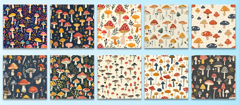 20 Garden Mushroom Digital Seamless Patterns, Plant Paper, Woodland ...