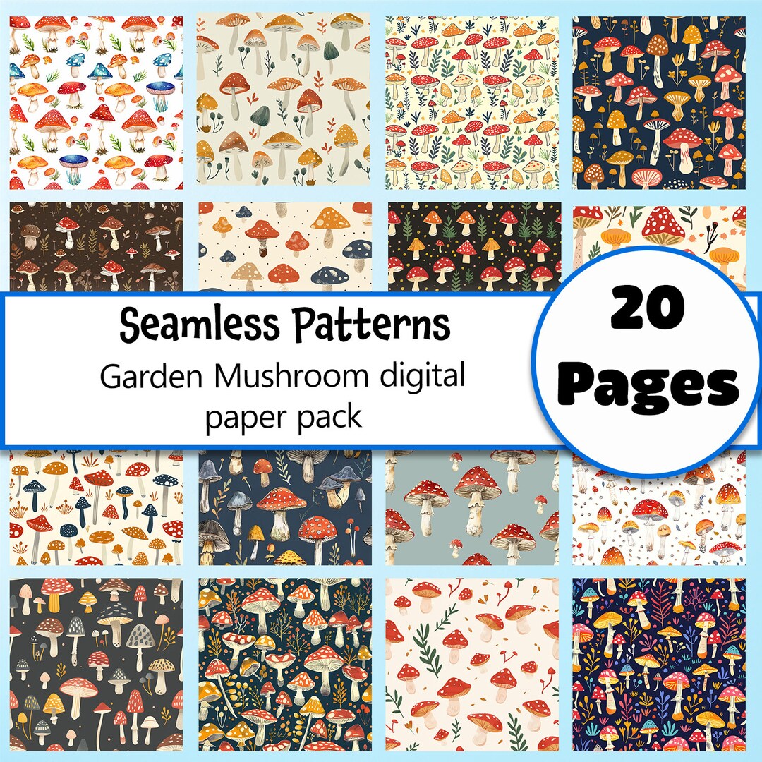 20 Garden Mushroom Digital Seamless Patterns, Plant Paper, Woodland ...