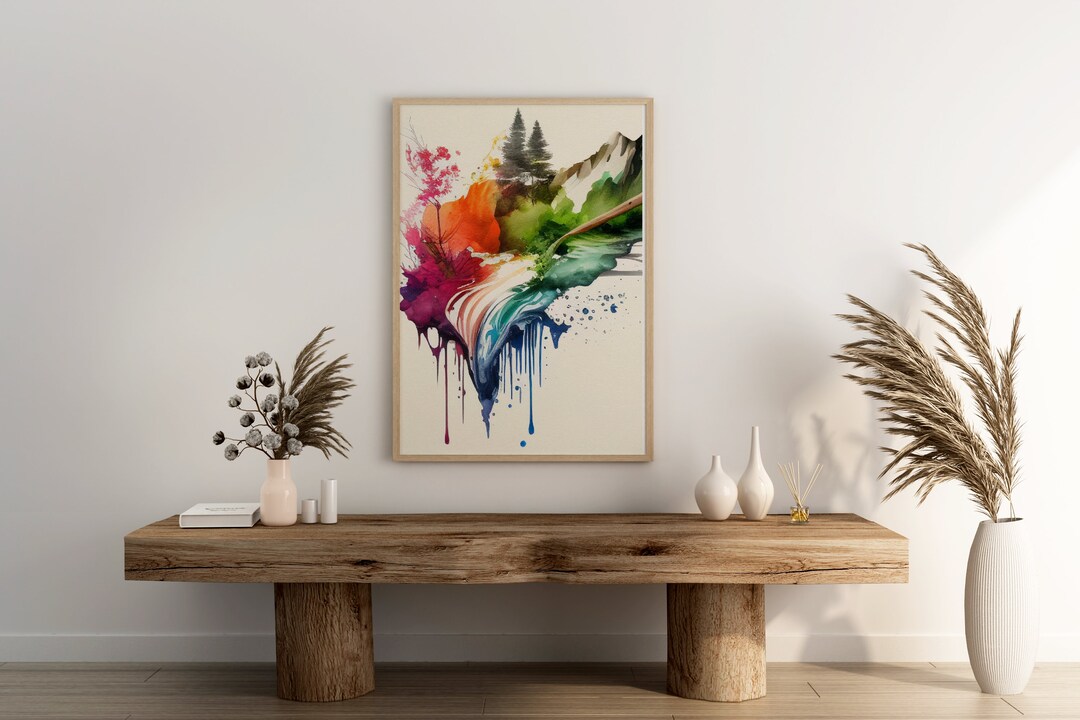Watercolor Paint Splatter Trees and River, Nature Art, Printable Poster ...