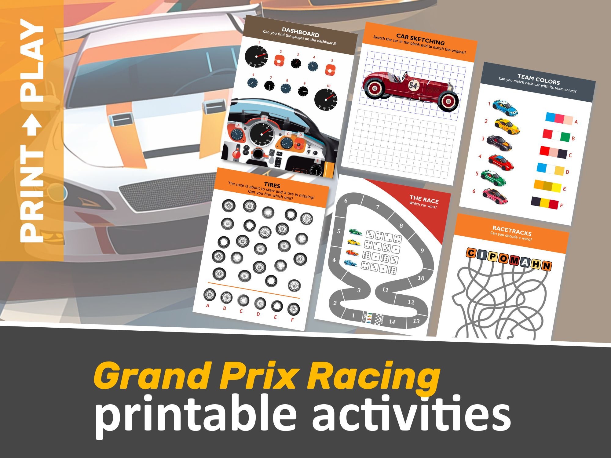 Printable Race Car Activities, Car Race Game for Kids, Sports Car ...